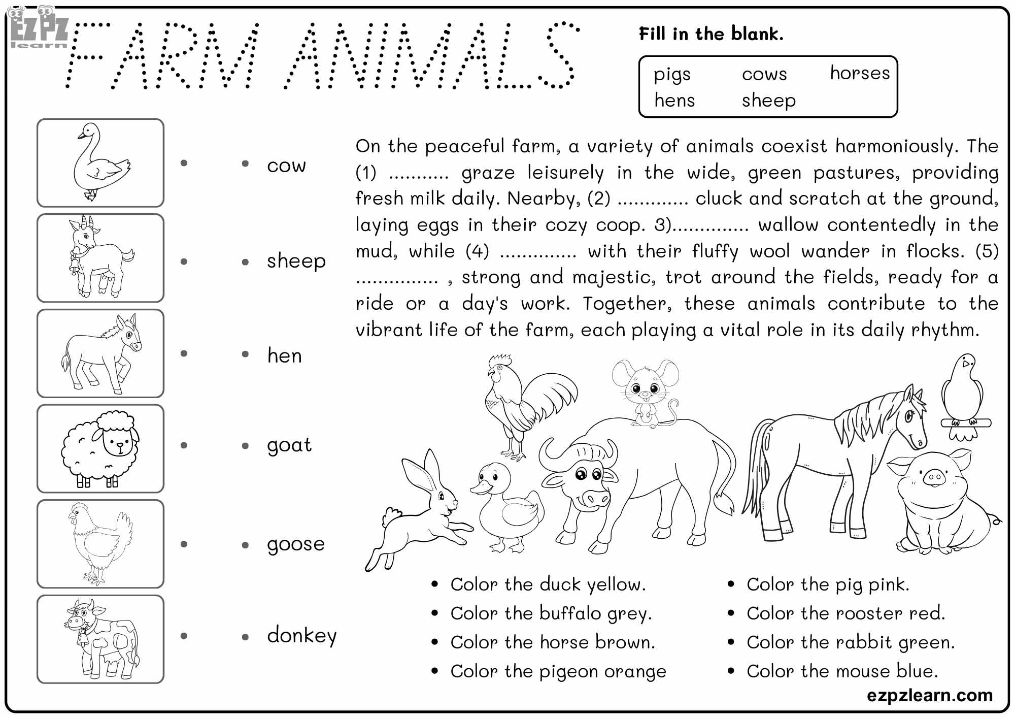 Farm Animals Fill in the Blanks and Coloring Activity for Kids. - Ezpzlearn.com